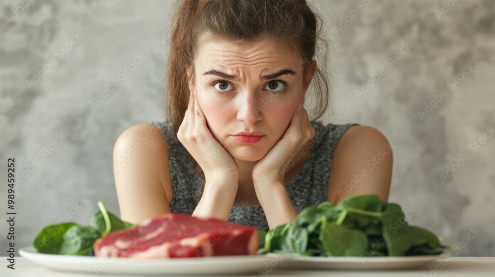 anemia shown by a young woman looking thoughtfully at a plate of iron ...