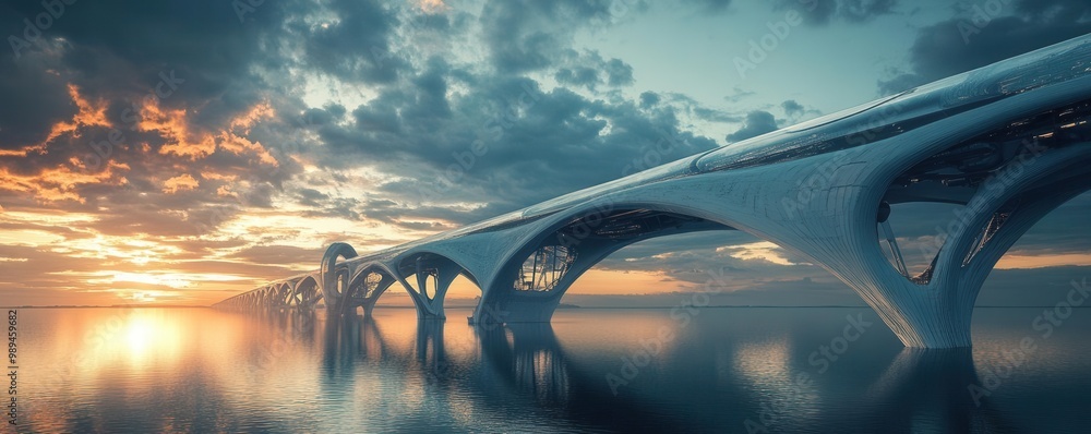 Design a futuristic bridge in a CG 3D format, at an eye-level angle ...