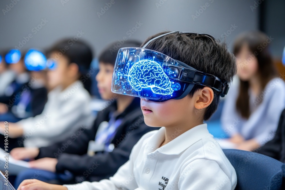 A futuristic classroom where knowledge is downloaded directly into the brain, with students ...
