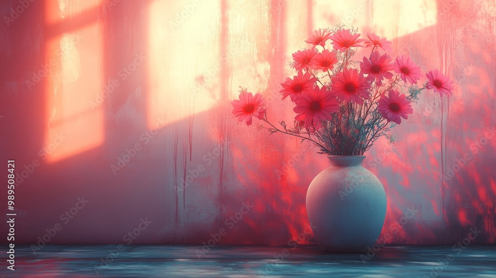 A minimalist, glitch art depiction of a classic still life with flowers ...