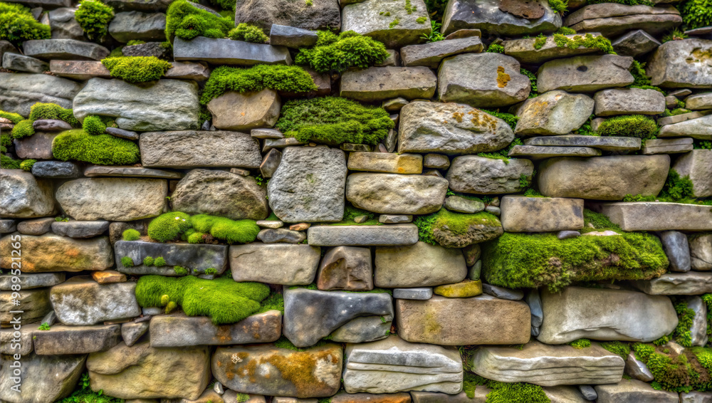 Weathered stone wall texture with rough edges and patches of moss for ...