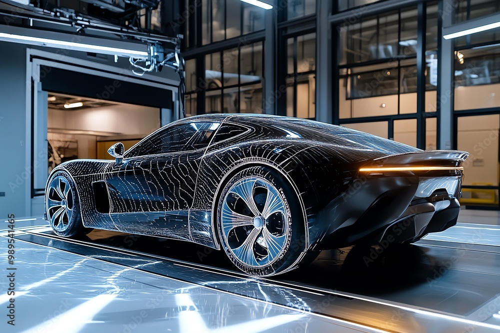 A sports car in a wind tunnel, being tested for aerodynamics with ...