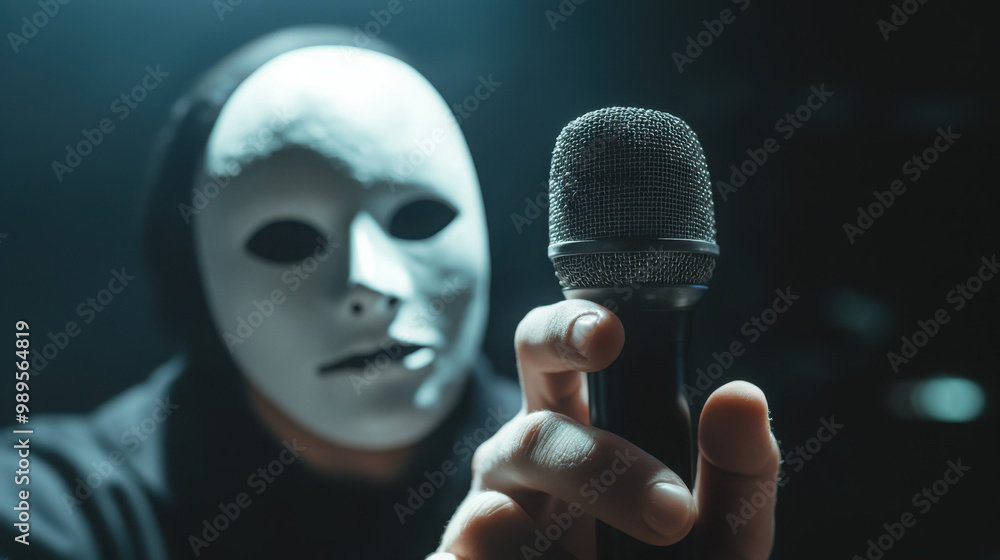 Person wearing a white mask holding a microphone, symbolizing anonymity ...