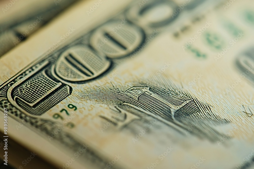 Macro detail of a new one hundred dollar bill highlighting the fine ...