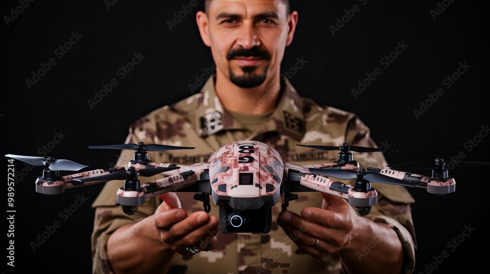Military personnel showcases advanced drone technology in studio ...
