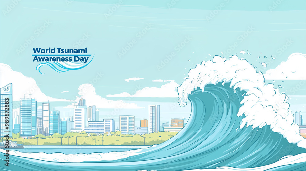 cartoon illustration, text "World Tsunami Awareness Day" on background ...