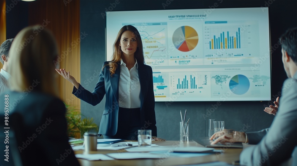 Chief female executive gives a report/ presentation to her colleagues ...