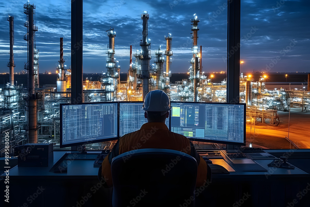 An engineer oversees refinery operations from a control room ...