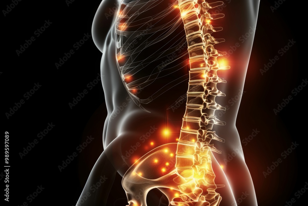 Ilustración de Stock X-ray image of the spine with highlighted pain ...