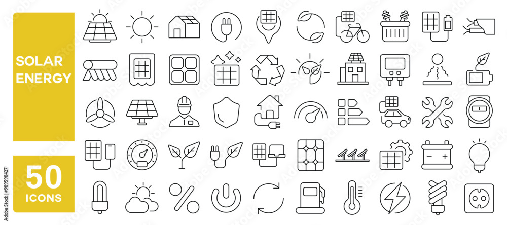 Set of 50 line icons related to solar energy, sun, power, renewable ...