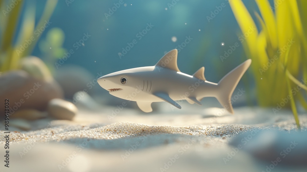 A playful baby shark swimming near the ocean floor, its tiny fins ...