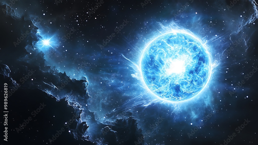 White dwarf star in a binary star system with a blue giant showing the ...