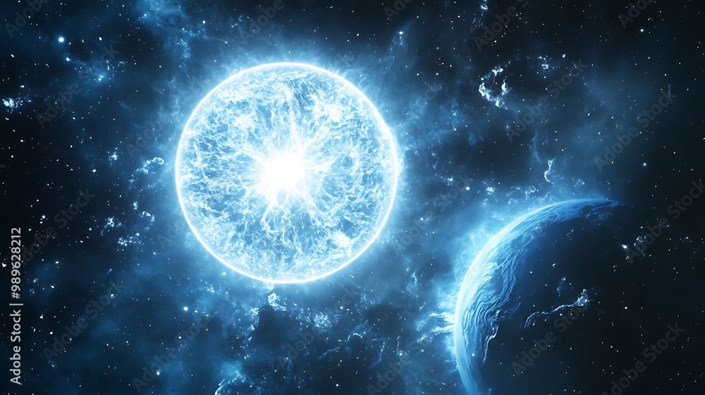 White dwarf star in a binary star system with a blue giant showing the ...