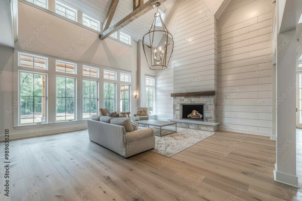 Ilustración de Stock beautiful luxury modern farmhouse large great room ...