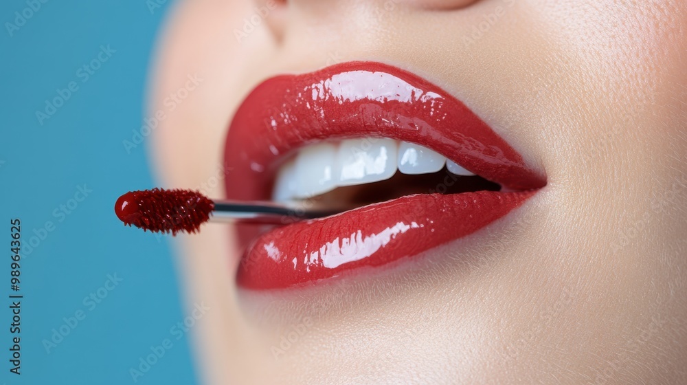An engaging close-up shot displaying glossy red lips and an applicator ...