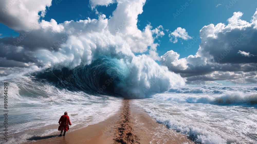 A dramatic scene of a person standing on a dry pathway amidst a giant ...