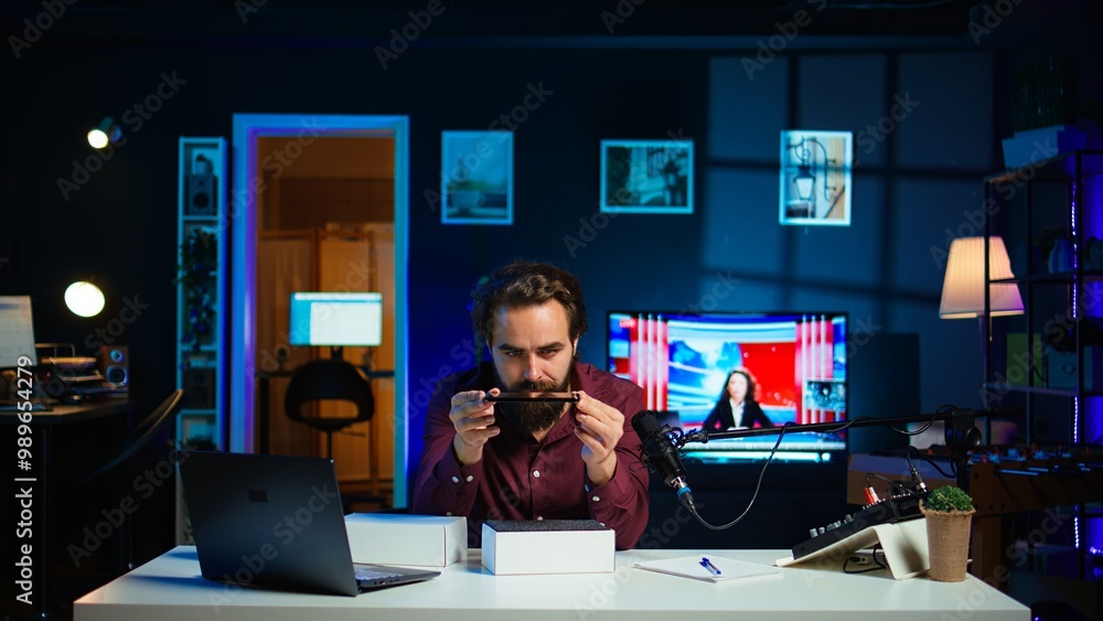 Tech guru reviewing latest phone, filming internet show in neon lights ...