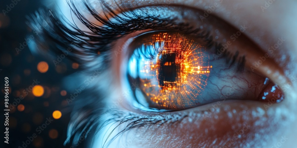 Eye close-up, exploring computer vision enhancements, highlighting ...
