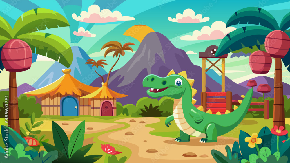 Dinosaur park with cute animals of jurassic era. Tropical landscape ...
