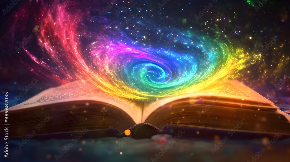 A magical scene of a vibrant rainbow vortex spiraling out from an open ...