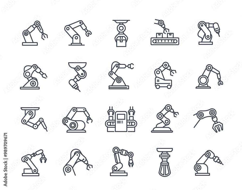 Set of robotic hand line icons. Simple symbols with automated ...