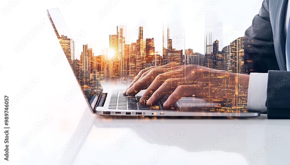 Hands Typing on Laptop with Smart City Infrastructure and Data Streams in Double Exposure Stock ...