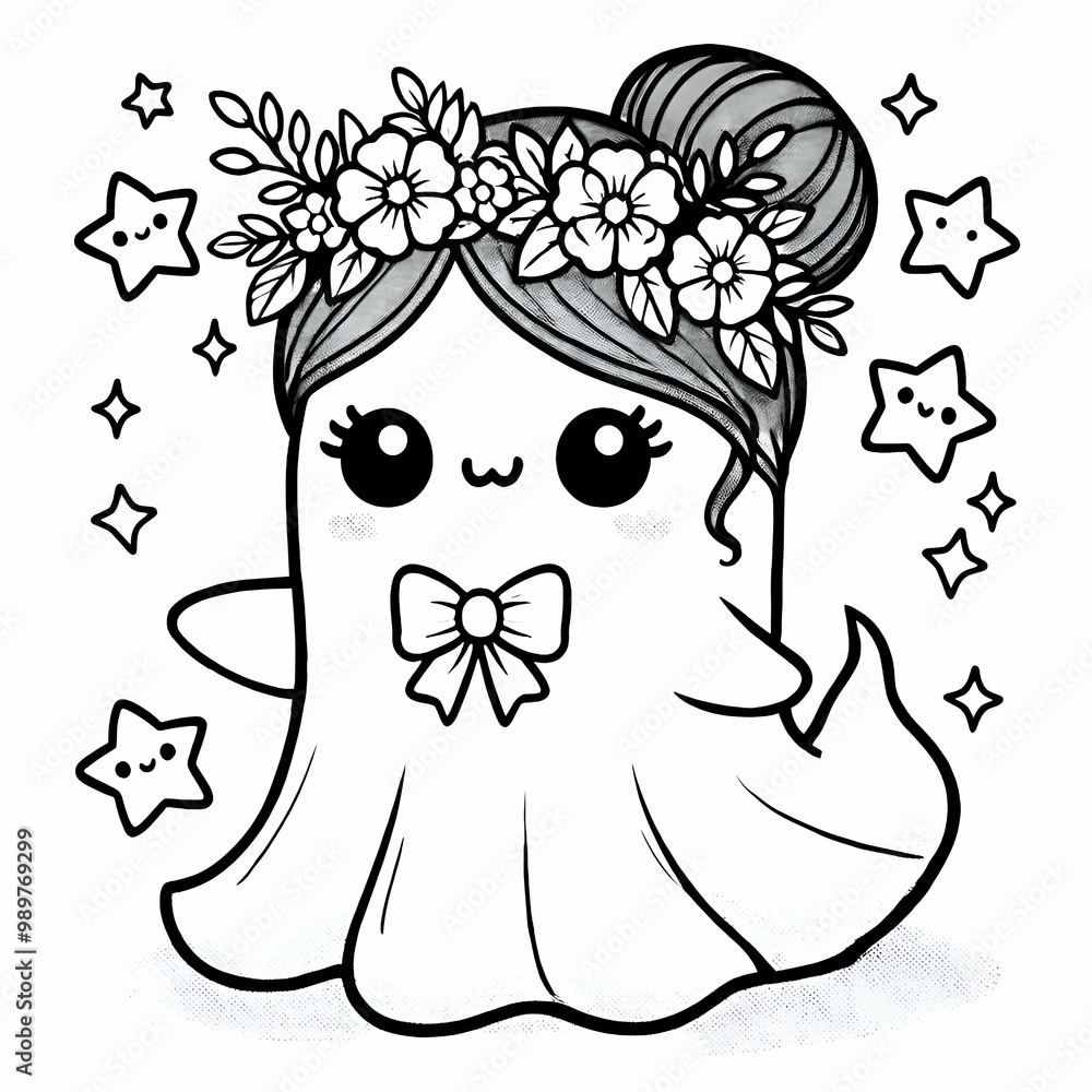 Cute Ghost with Flower Crown and Bow Coloring Page, Black and White ...
