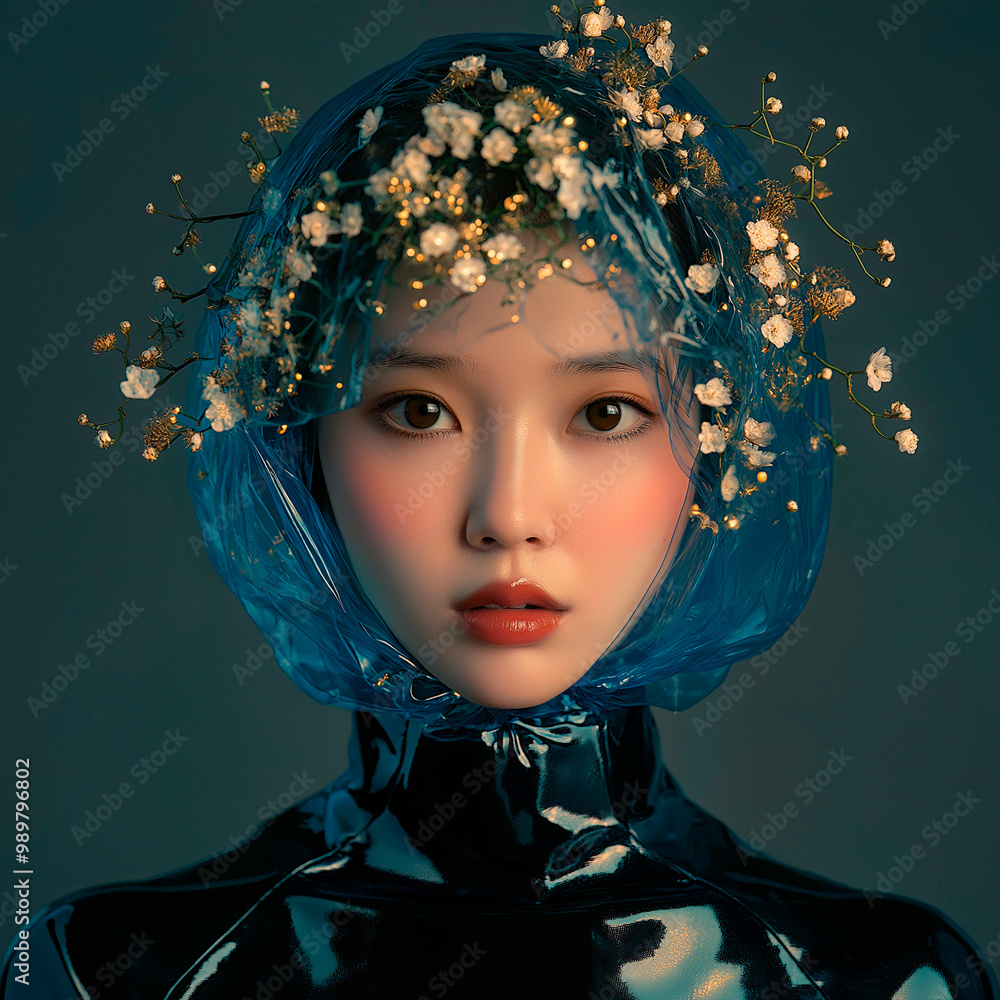 beautiful asian woman with pale skin wearing futuristic bright latex ...