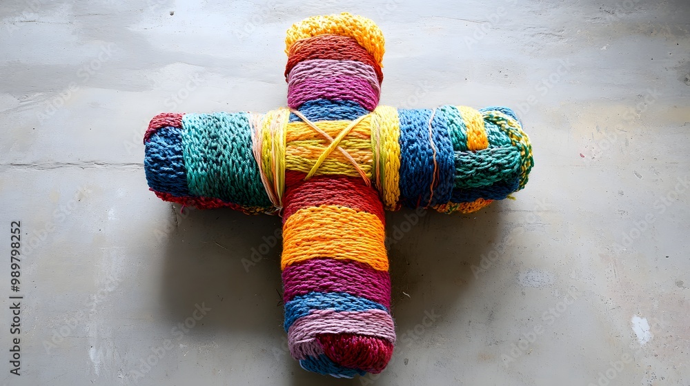 8. A playful interpretation of a cross made from colorful yarn and ...