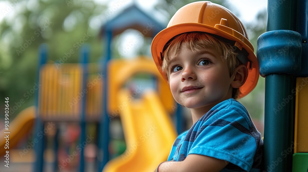 child protection concept with a young boy in a hard hat showcasing an ...
