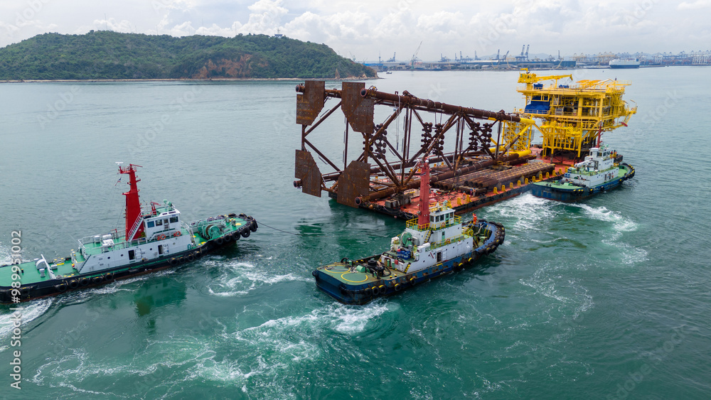 Big Construction on ship. Tender Drilling Oil Rig on Barge Ship ...