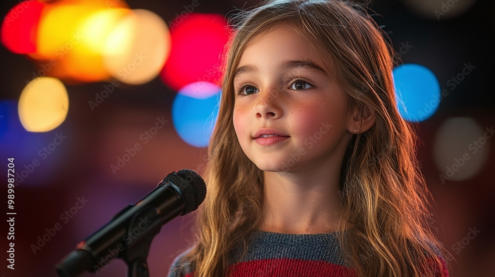 young girl showcasing spelling talent on stage, competing in national ...