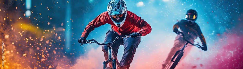 Dynamic hip-hop dancer leaping, BMX rider performing a trick, vivid ...