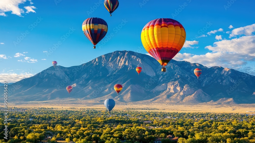 Brightly colored hot air balloons ascending with the Sandia Mountains ...