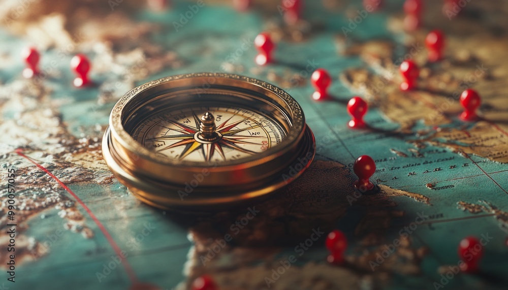 Classic compass on a detailed map with red location markers creating a ...