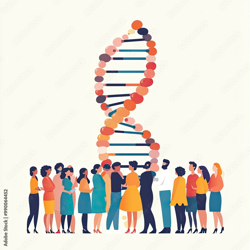 Diverse people standing around a giant DNA strand, representing the ...