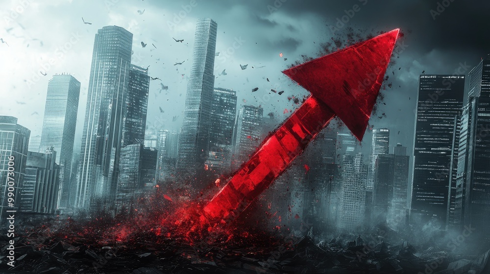 Giant red arrow breaking through the ground in a futuristic skyline ...