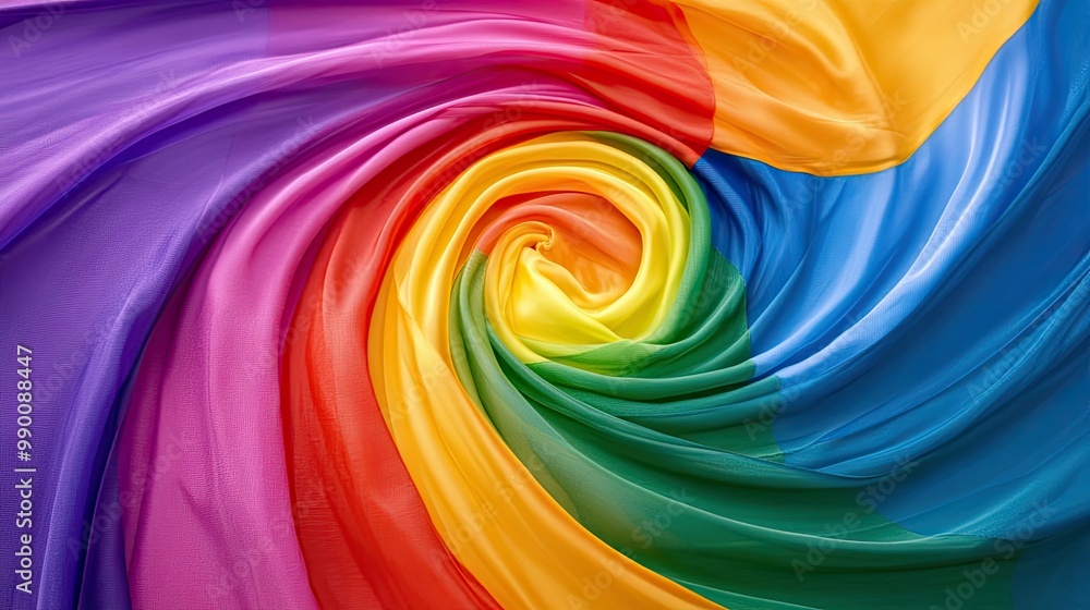 Rainbow ribbons creating a pride flag in a spiral pattern, showcasing a ...