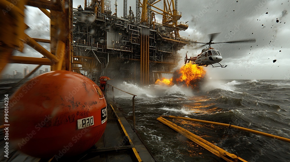 Offshore Oil Rig Explosion with Helicopter Rescue in Stormy Sea Stock ...