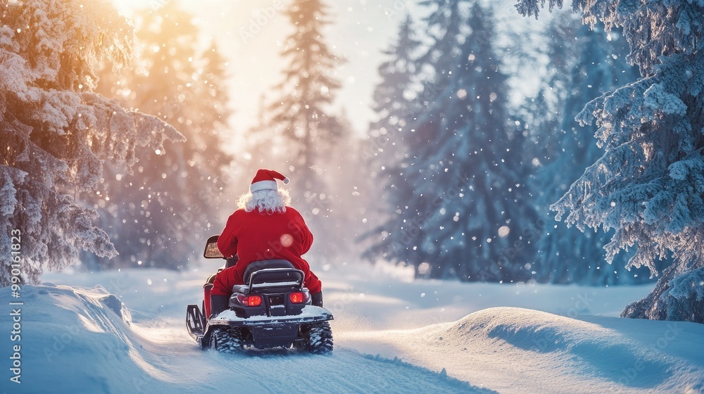 Authentic Santa Claus driving a snowmobile through a beautiful snow ...