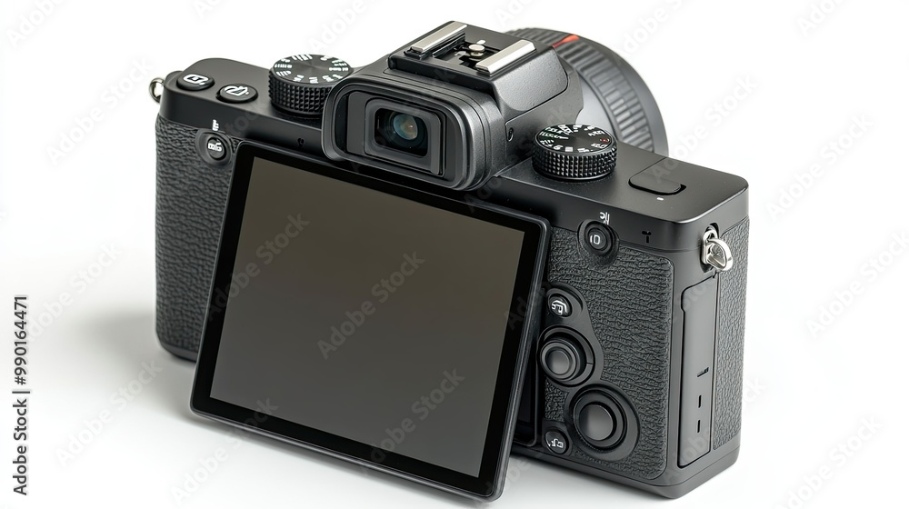 Black mirrorless camera, buttons and blank LCD screen in focus, side ...