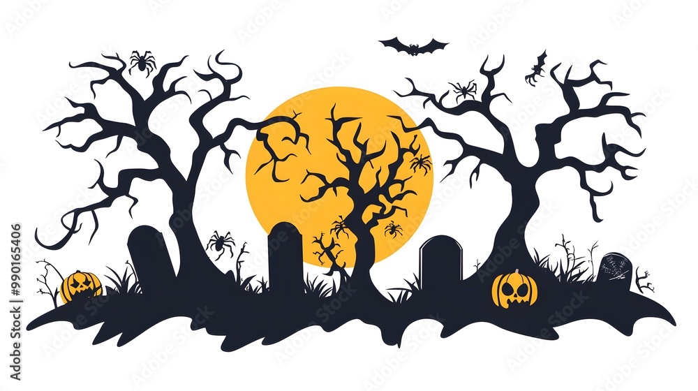 Creepy Halloween border featuring twisted trees, eerie tombstones, and ...