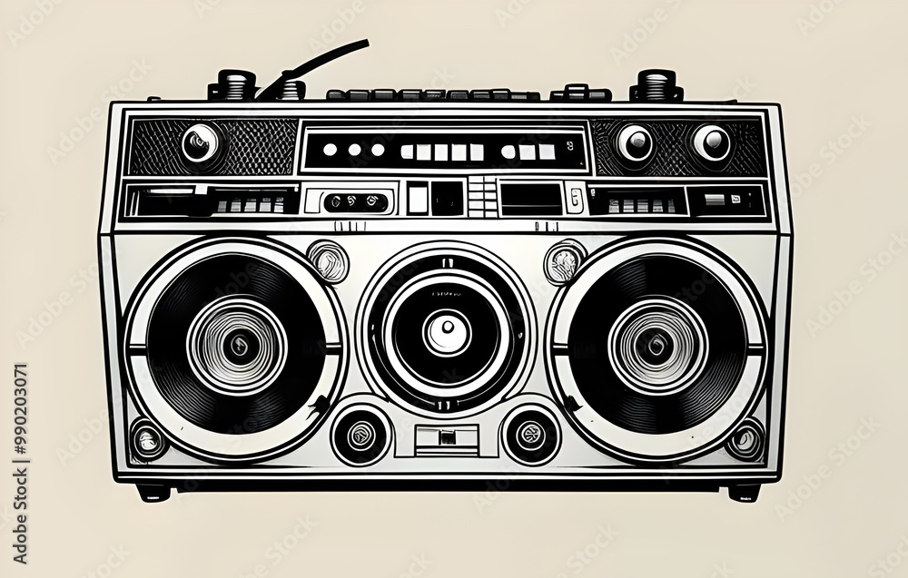 unbranded fictional retro vintage etching, drawing of a ghetto blaster ...