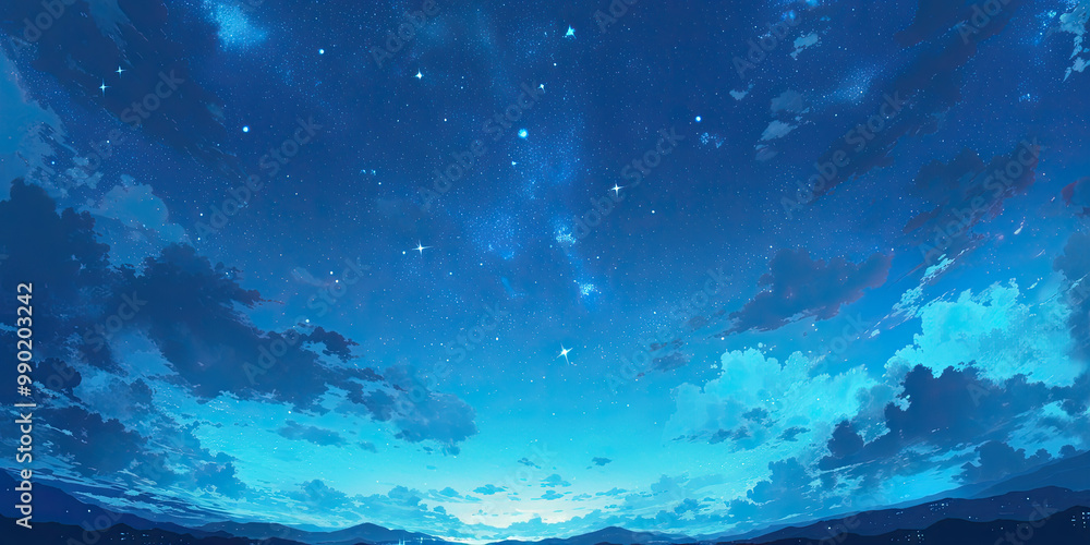 Blue hour anime sky background, stars cartoon style blue skies white ...