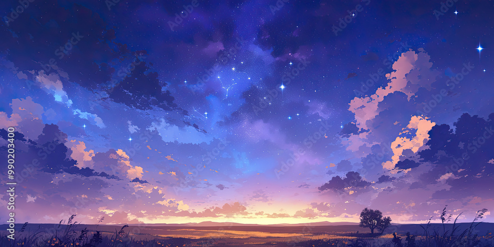 Blue hour anime sky background, stars cartoon style blue skies white ...