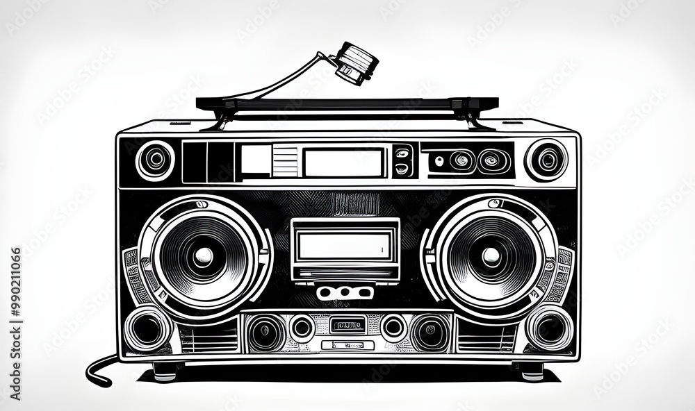 unbranded fictional retro vintage etching, drawing of a ghetto blaster ...