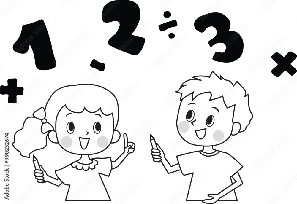 Line drawing of cute kids learning mathematics. Vector illustration ...
