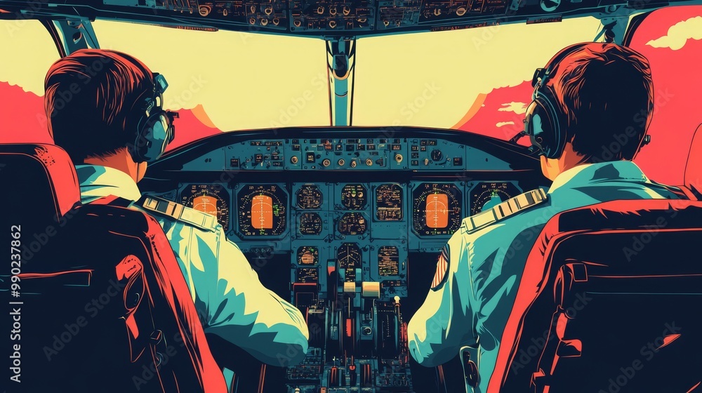 Aircraft cockpit pilots airplane captain pop art retro style. Aviation ...