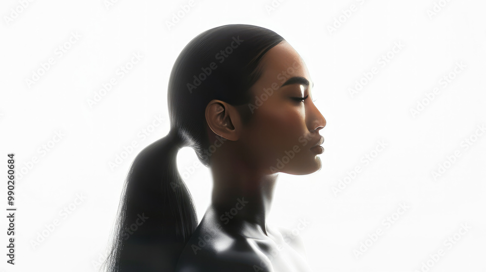 Beautiful modern portrait of a young woman in profile in backlit studio ...