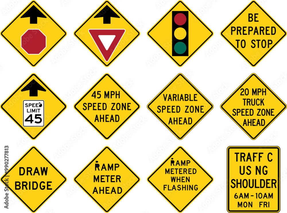 Advance Traffic Control Signs: Stop, Yield, Traffic Lights Ahead, Speed ...